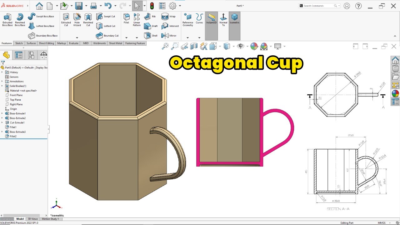 SolidWorks Practice: How to Model an Octagonal Cup with Curved Handle ...