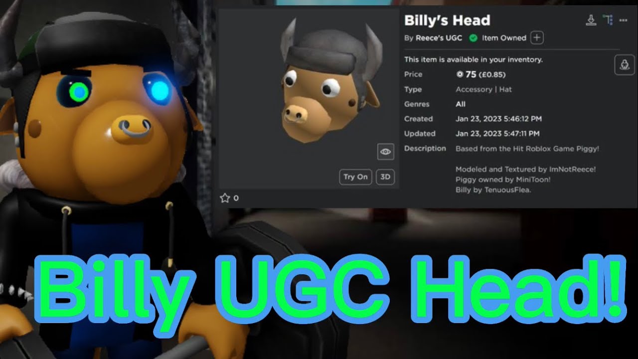 Billy UGC Head out now on the Roblox Catalog! | Roblox Piggy - YouTube