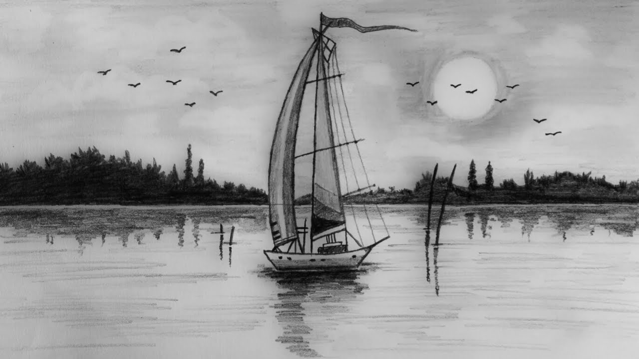 How to draw river side with a boat easily | Pencil art step by step ...
