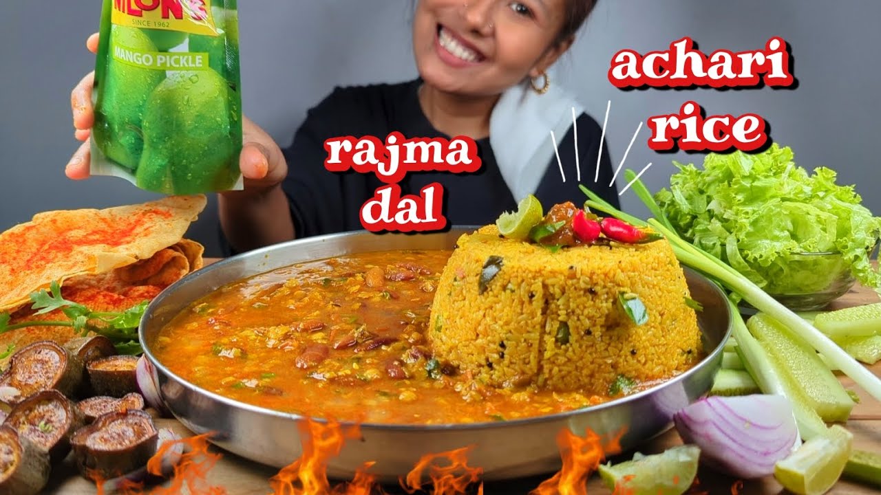 COOKING & EATING RAJMA CHANA DAL WITH ACHARI RICE, BEGUN BHAJA, SALAD ...