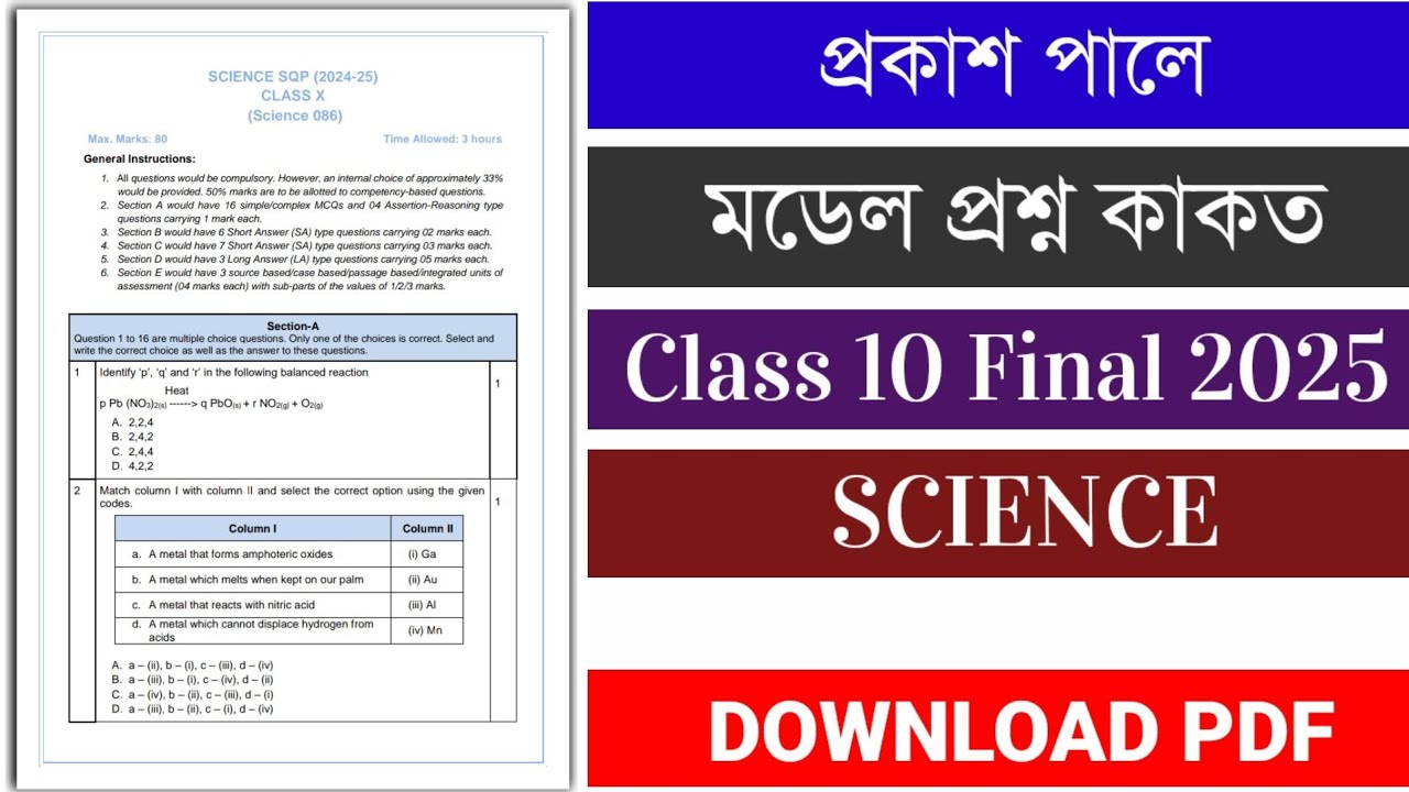 Class 10 Science Model Question Paper 2025 | Class 10 Science Sample ...
