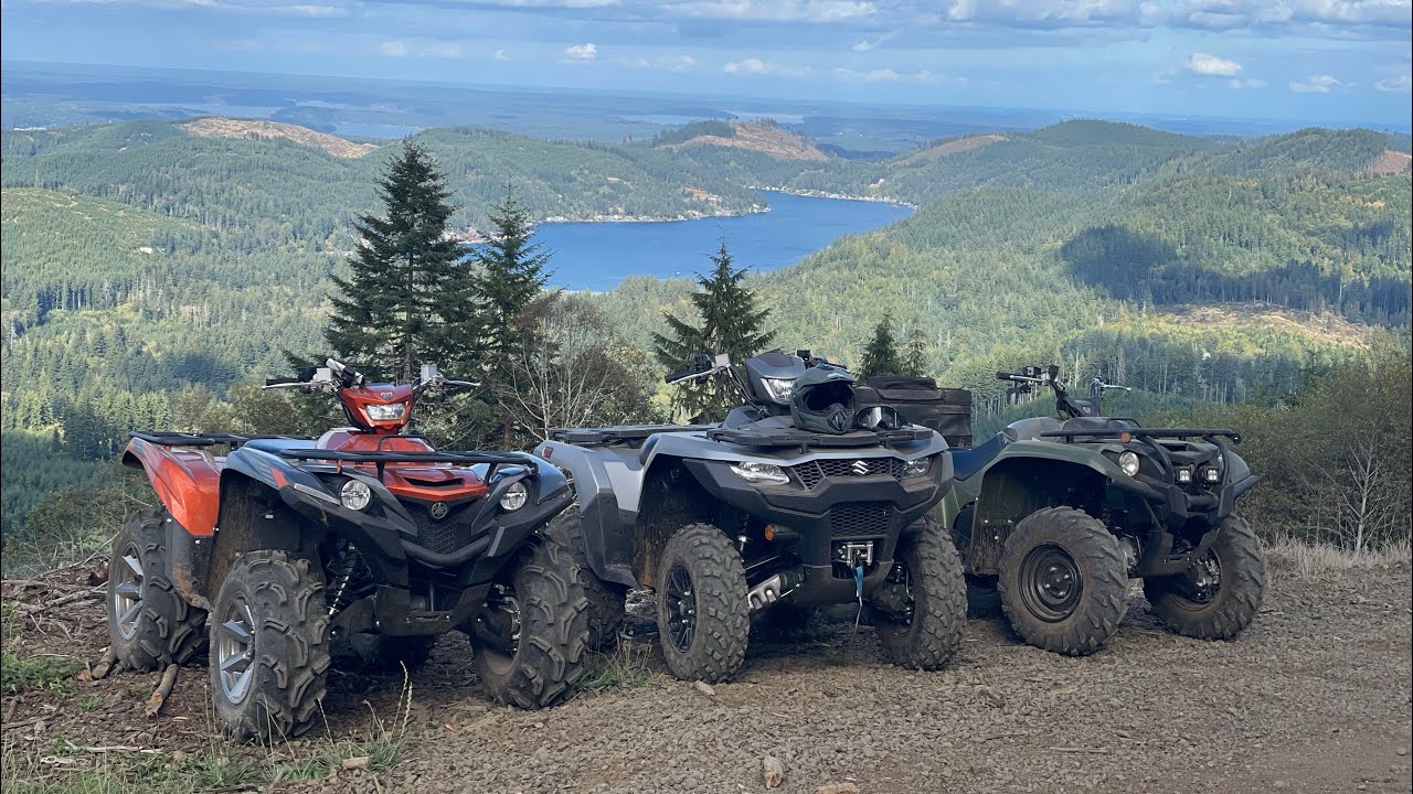 mountain atv ride lake view dusty trails yamaha/Grizzly and Suzuki king ...