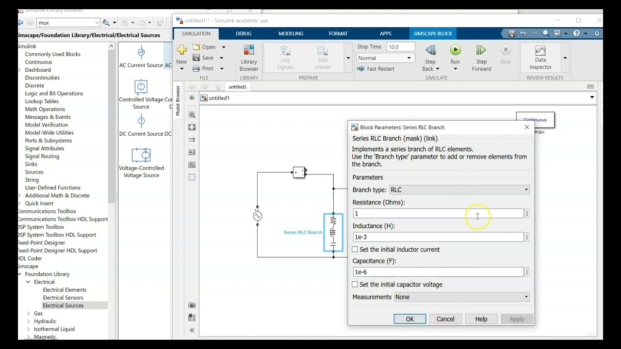 Matlab Simulink Ac Circuit Rlc Simulation Using Ac Source