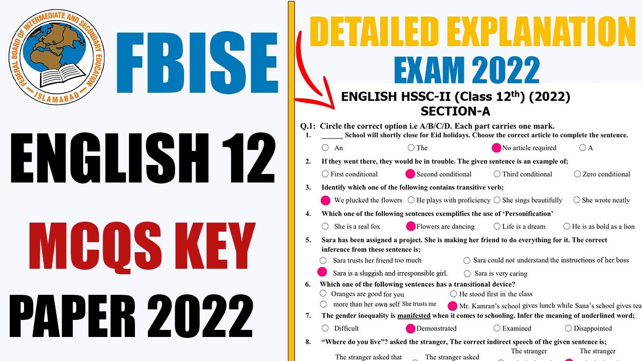 English 12 MCQs Key Paper 2022 |Federal Board - YouTube