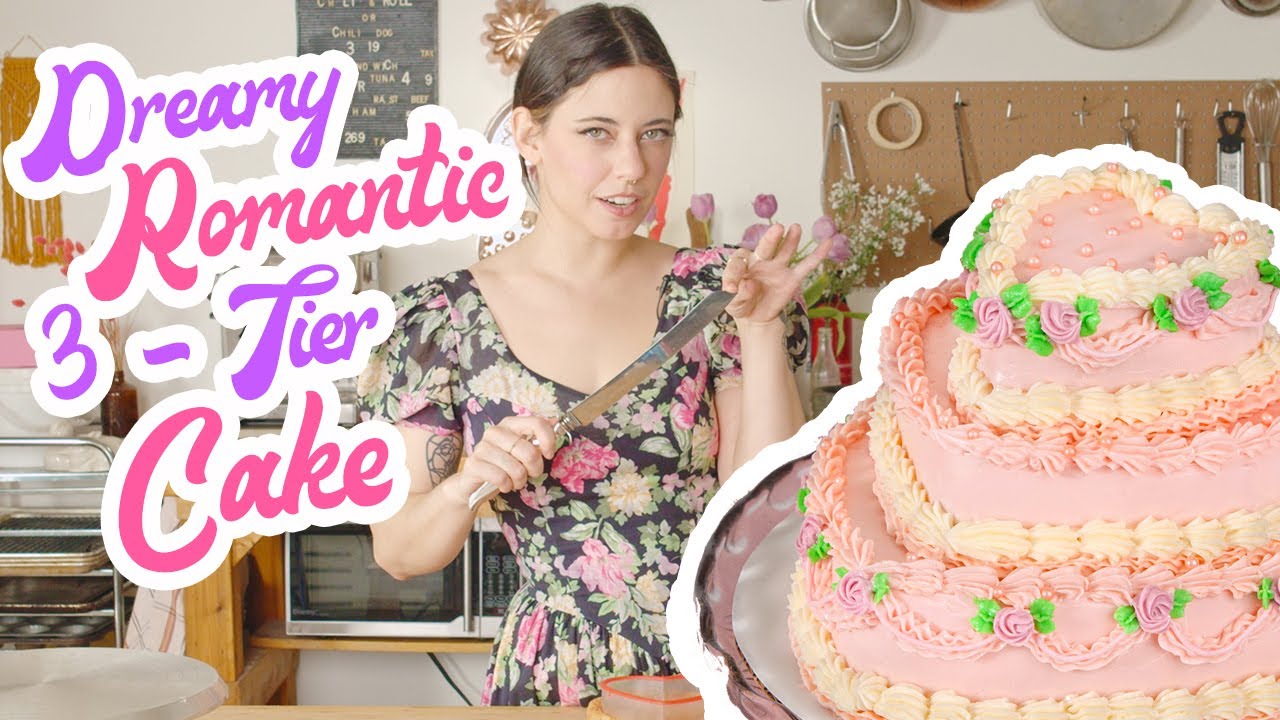 bake with me! cute vintage 3-tier cake with buttercream frosting piping ...