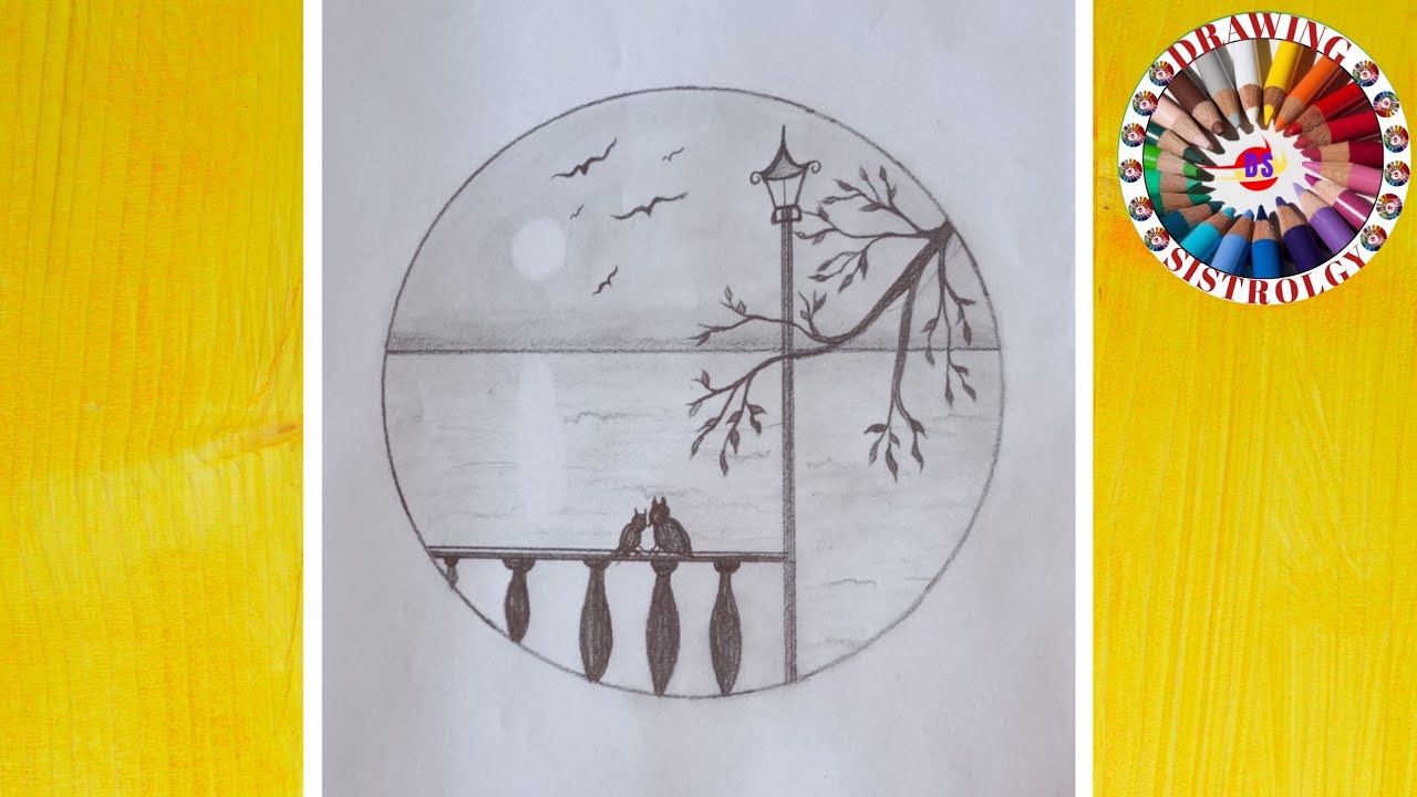 How to draw scenery of sunset step by step/landscape easy circle ...