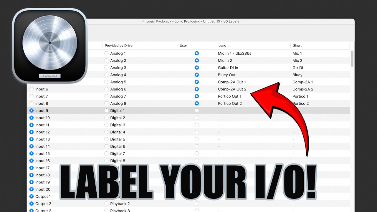 Logic Pro 11 - I/O Labels (Custom names for mics, preamps & hardware ...