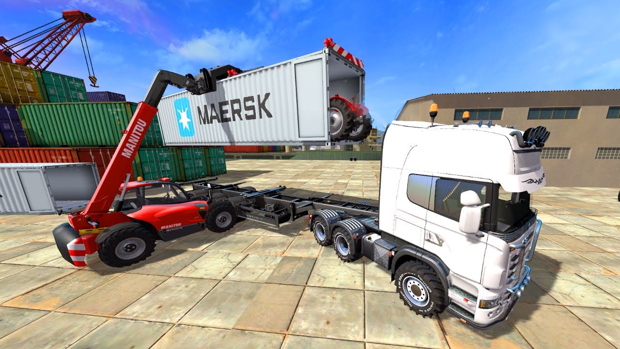 Container Truck transports new Tractors from the Port. Truck Driver ...