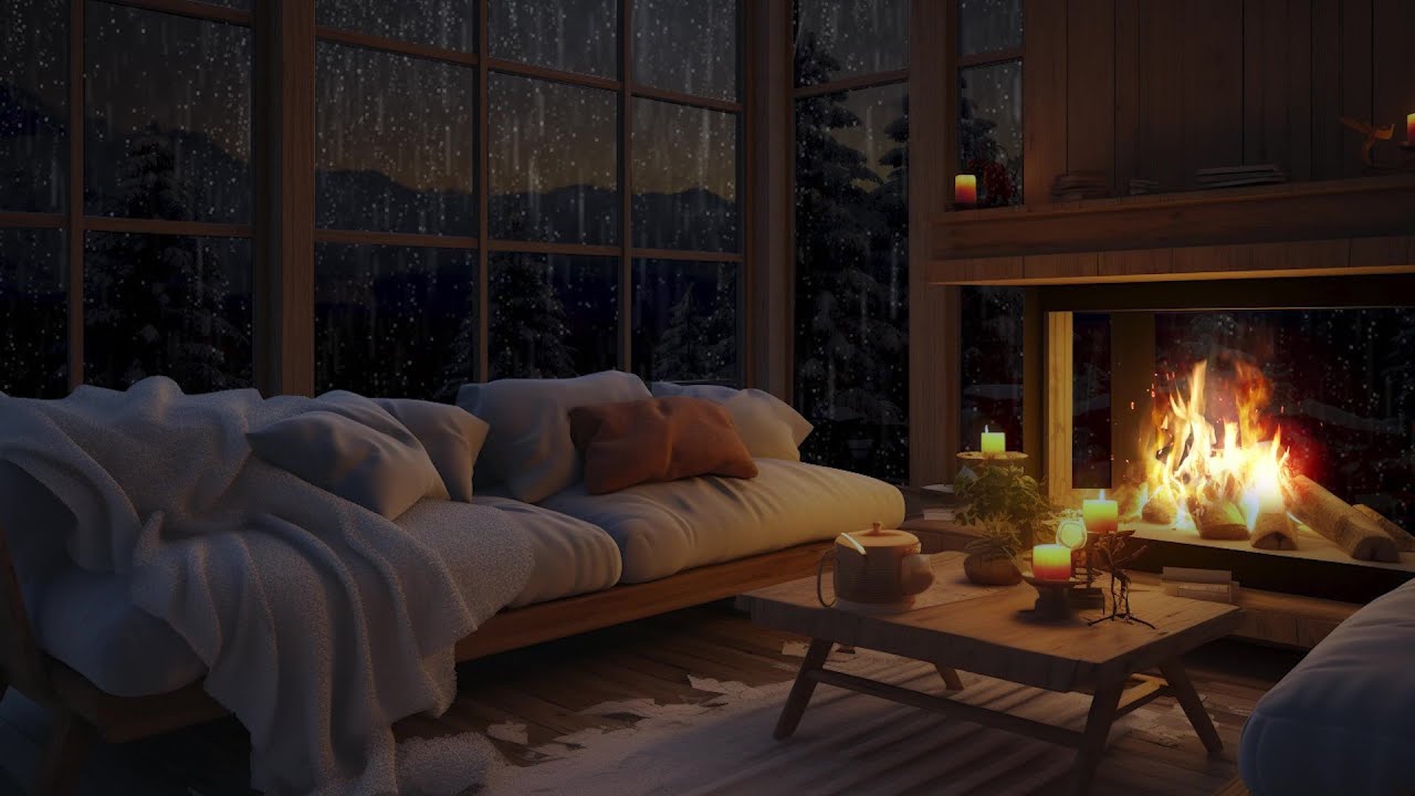 Cozy Setting with Tranquil Rain Sounds and Warm Glow of Fireplace for ...