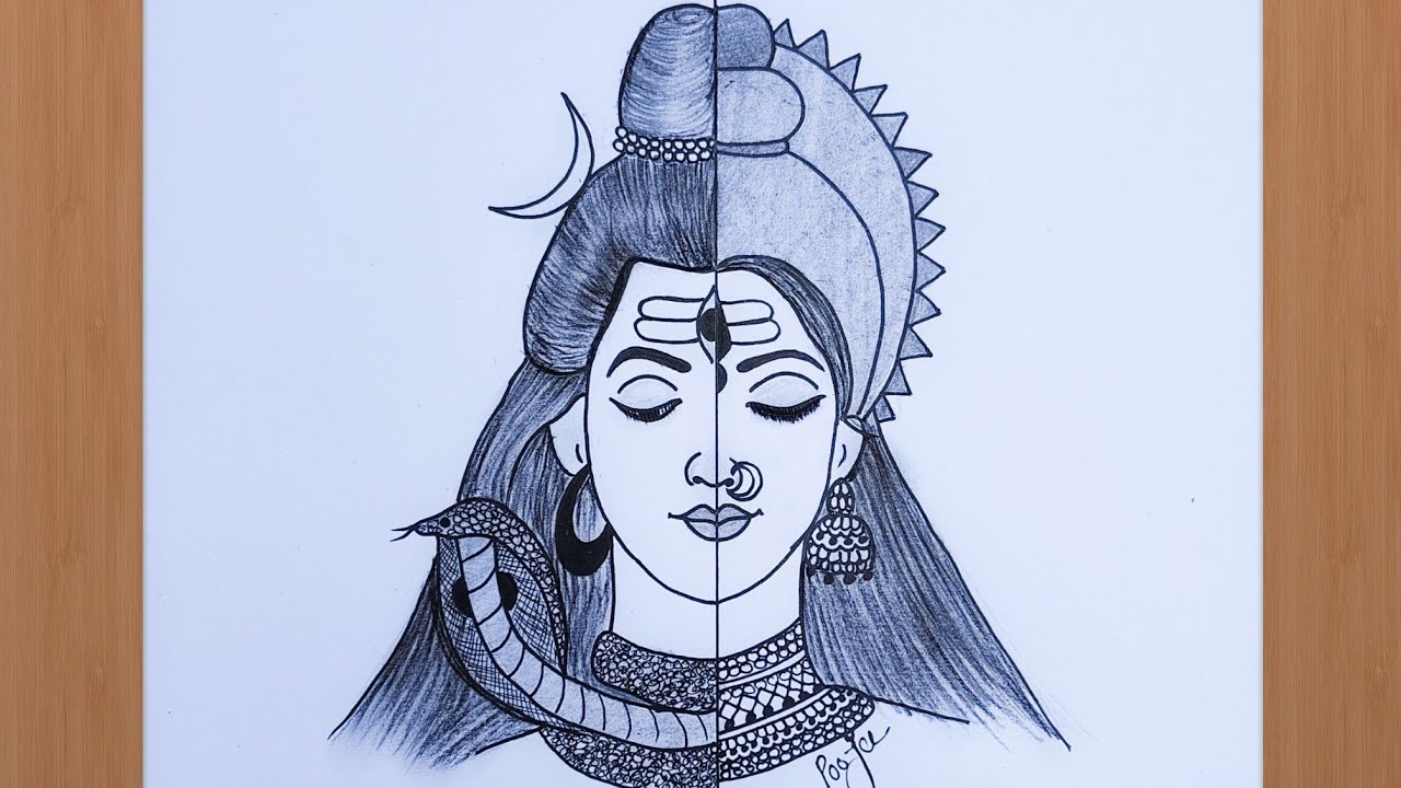 Sawan Special Bholenath Drawing | How to draw shiva parvati half face ...