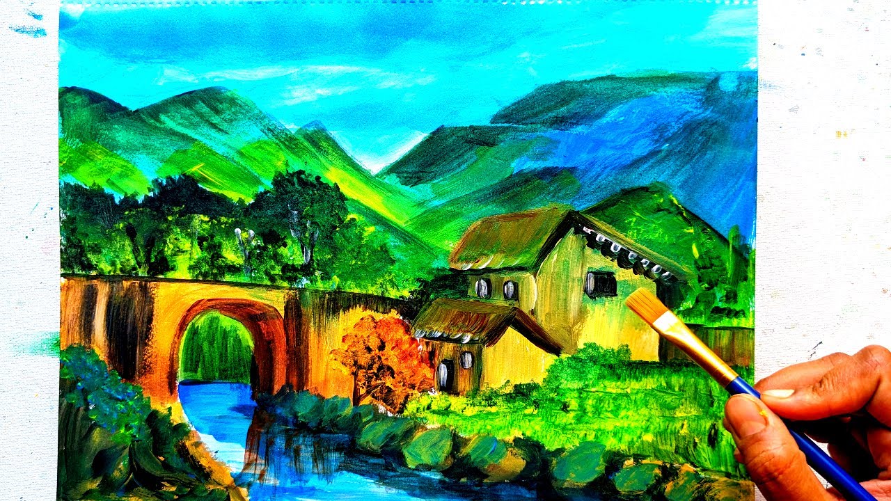 Mountain house near bridge | Acrylic Landscape Painting for beginners ...