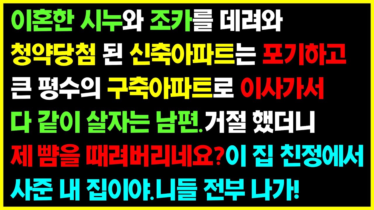 사이다사연 청약 당첨된 집을 포기하자는 남편 그 돈으로 이혼한 시누와 조카를 데려와서 키우자고싫다고 하니 내 뺨을 때리며 집 에서 나가라는데 여기 친정에서 사준 내