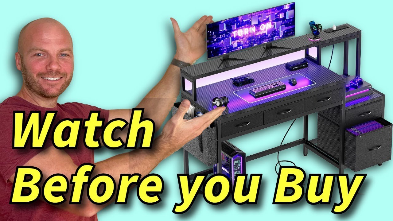 REAHOME 61 Inch Gaming Desk with Charging Station and LED Lights, Full ...