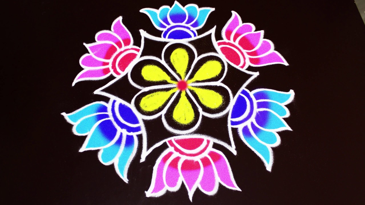 Diwali rangoli art | blue & pink lotus flowers rangoli | easy kolam by ...