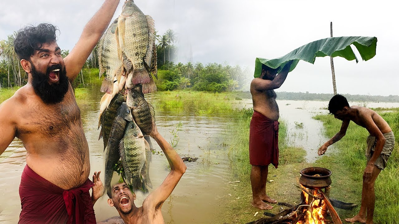 Primitive Technology - fishing and cooking in rain eating delicious ...