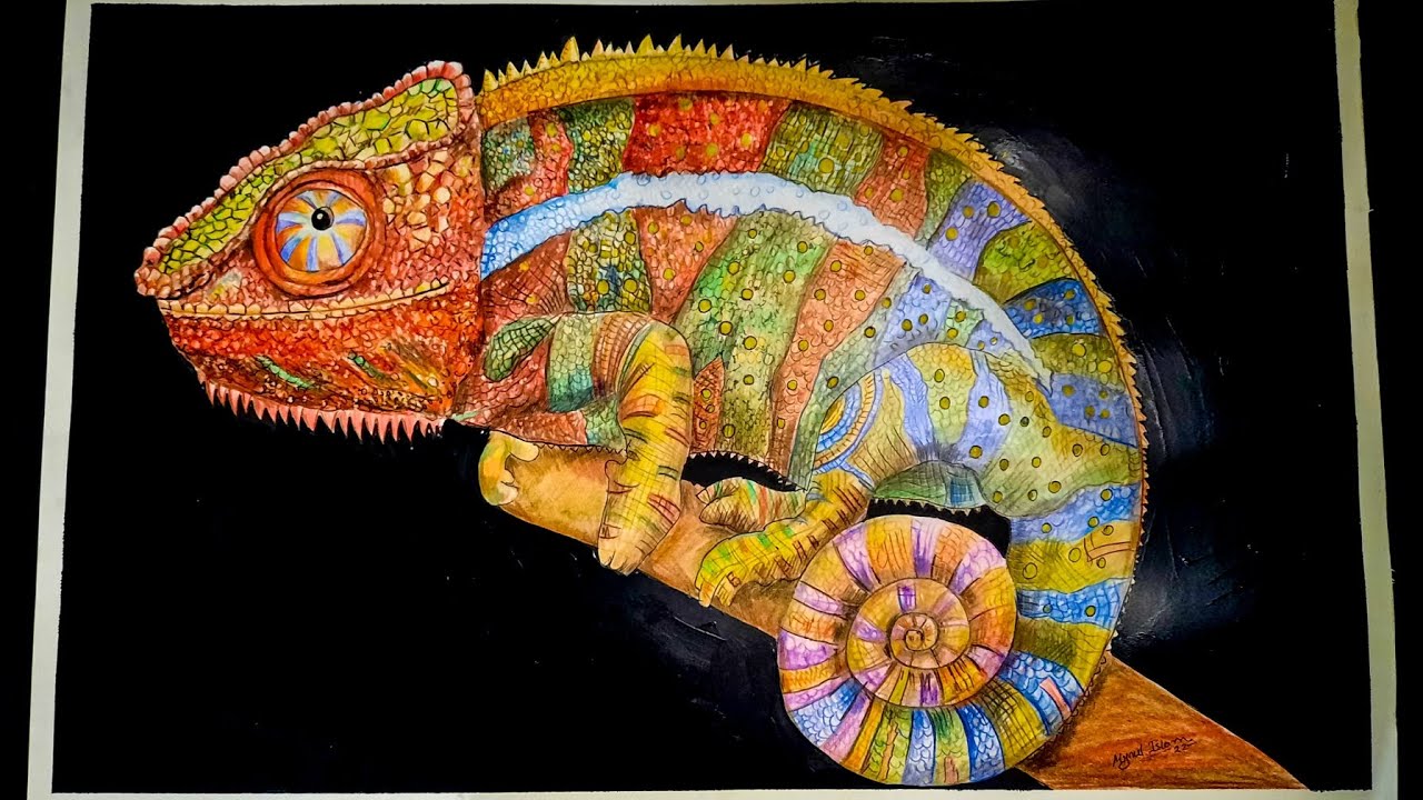how to draw a realistic chameleon by using colour pancil - YouTube