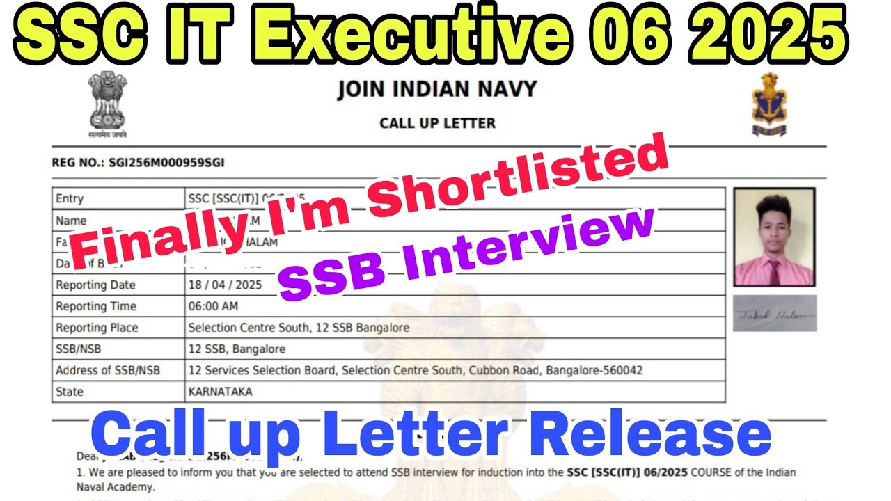 Indian Navy SSC IT Executive SSB interview Call up Letter Release 2025 ...