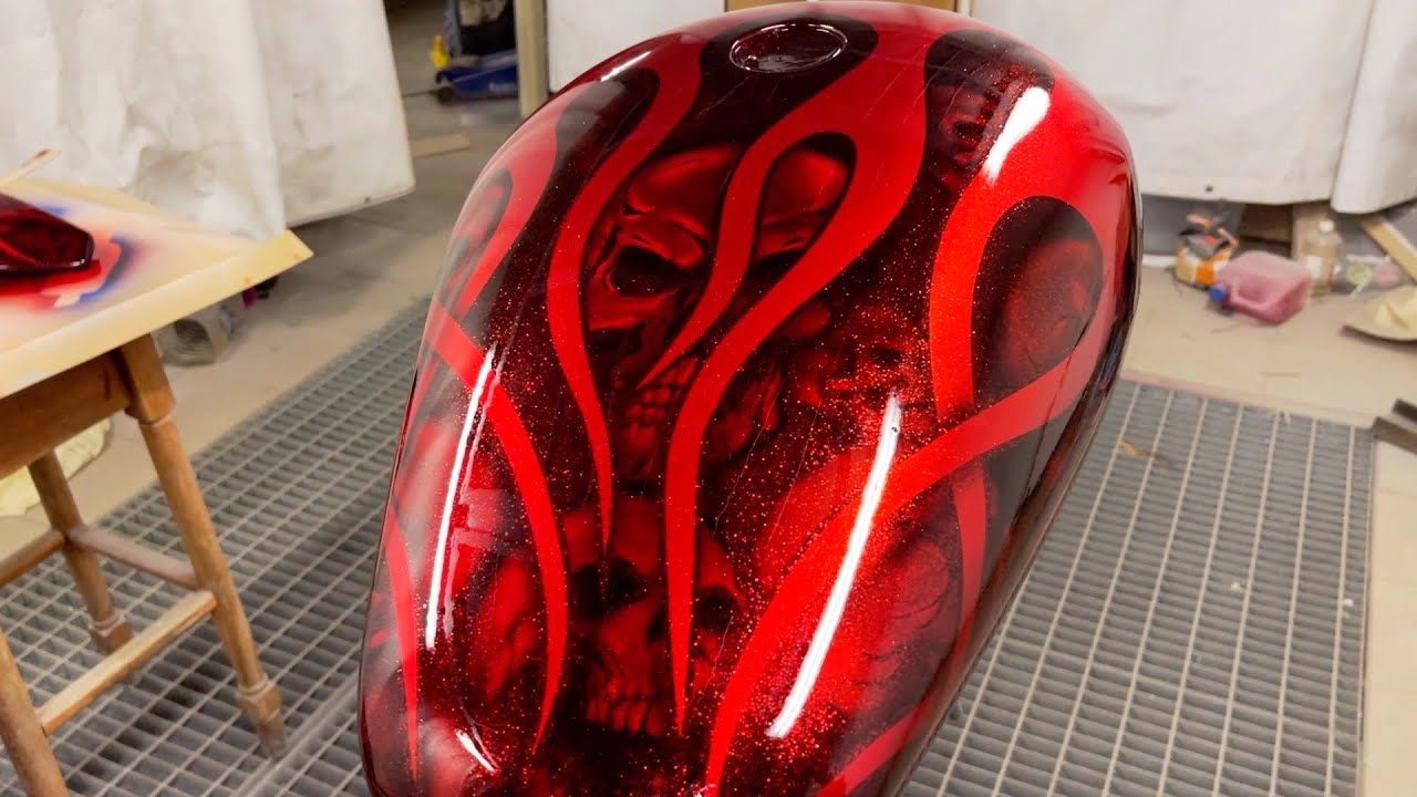 Flakes, flames, skulls. Step-by-step airbrush under red candy - YouTube