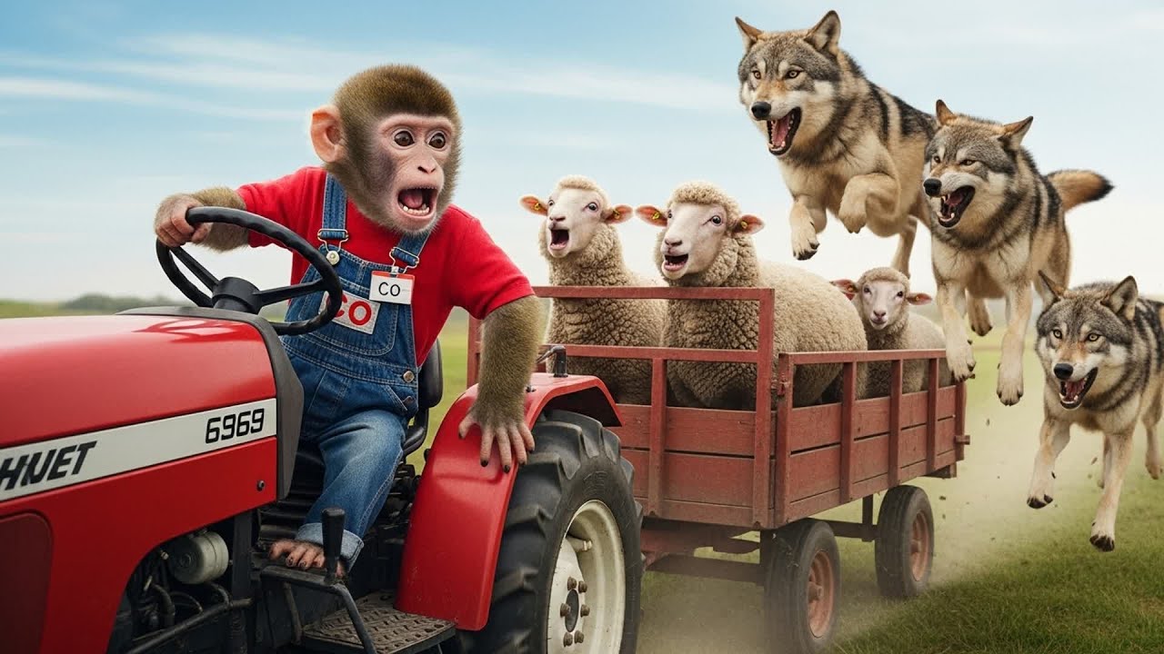 Monkey CO Drives the Farm Tractor to Rescue the Sheep from the Wolves 🐒 ...