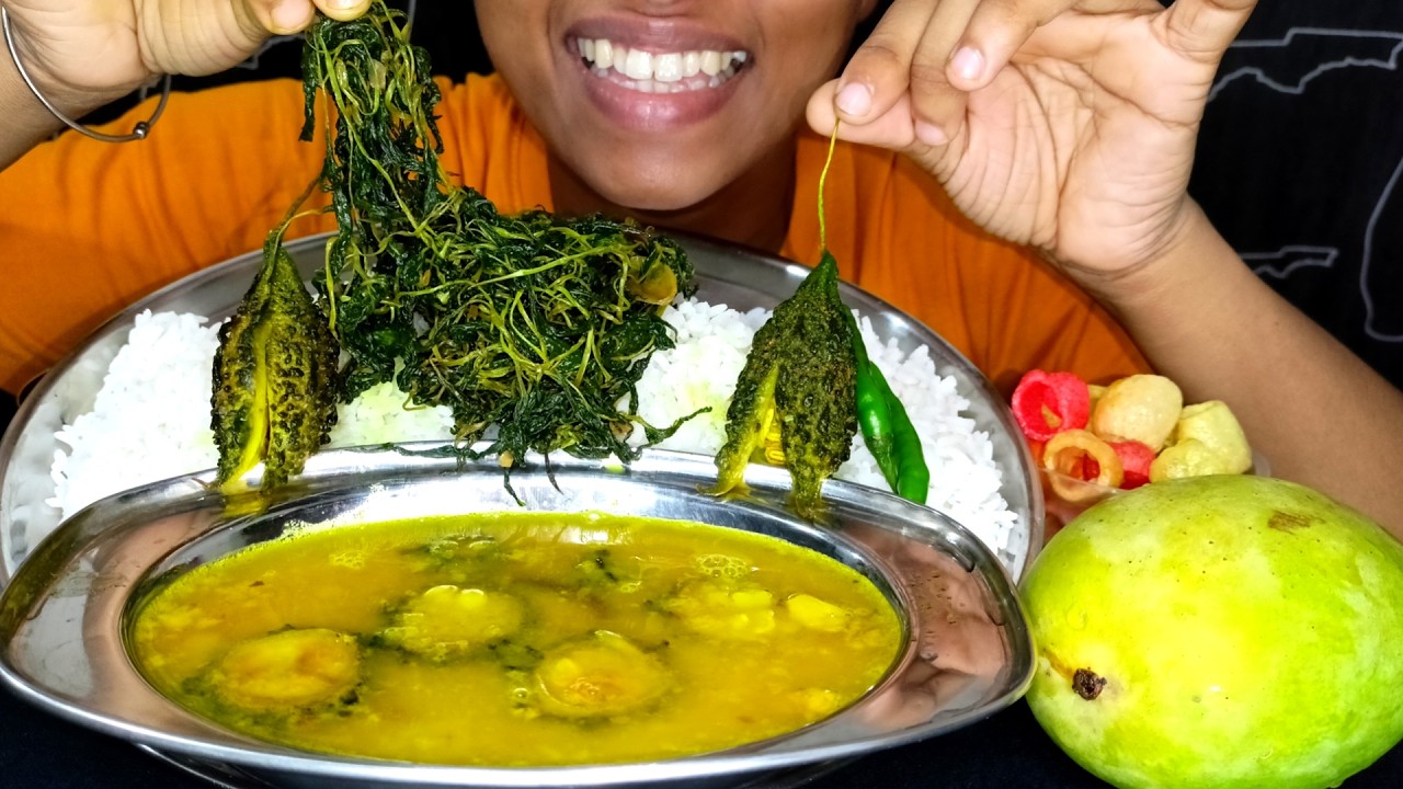 ASMR EATING BITTER GOURD DAL PAT SHAK FRY BITTER GOURD FRY RICE WITH ...