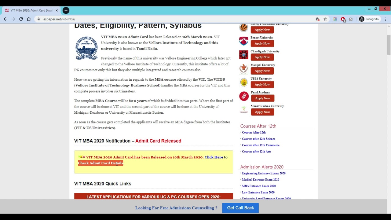 VIT MBA 2020 Admit Card (Released) - Check Here How to Download - YouTube