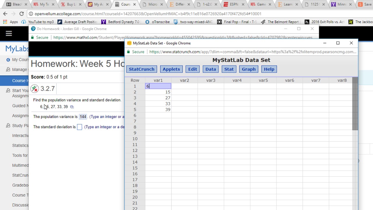 StatCrunch in MyStatLab - Population Variance and Std. Deviation - YouTube