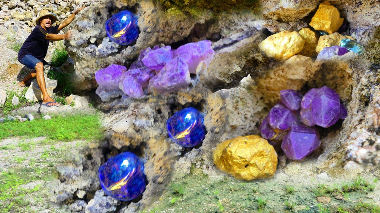 We found gold gem of colorful crystals. Diamonds, gems in rock hole ...