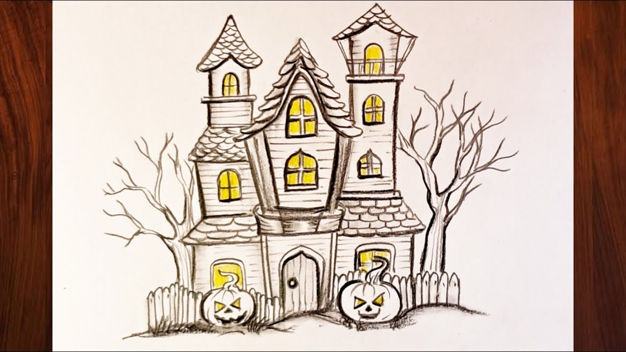 How to draw Halloween Pumpkin Easy | How To Draw A Haunted House Easy ...