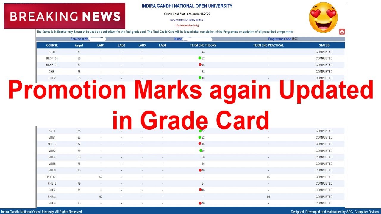 {Breaking News} IGNOU Promotion Marks Again Updated in Grade Card on ...