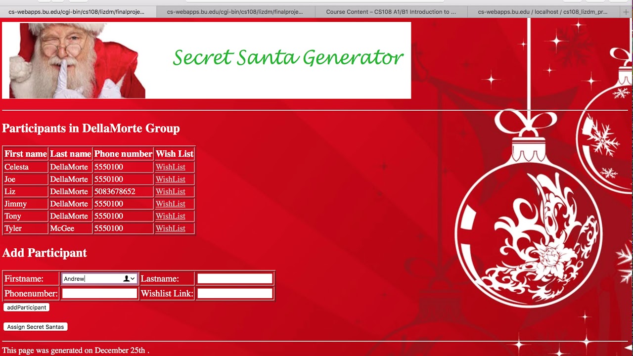 Secret Santa Generator CS 108 Final Project Video Elizabeth DellaMorte secret-santa-generator-cs-108-final-project-video-elizabeth-dellamorte