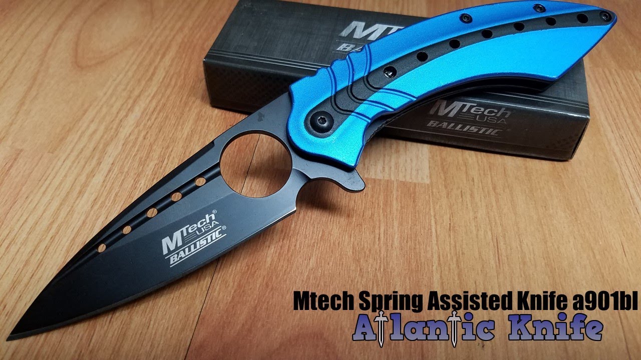MTECH SPRING ASSISTED BLUE AND BLACK TACTICAL KNIFE WITH FINGER HOLE ...