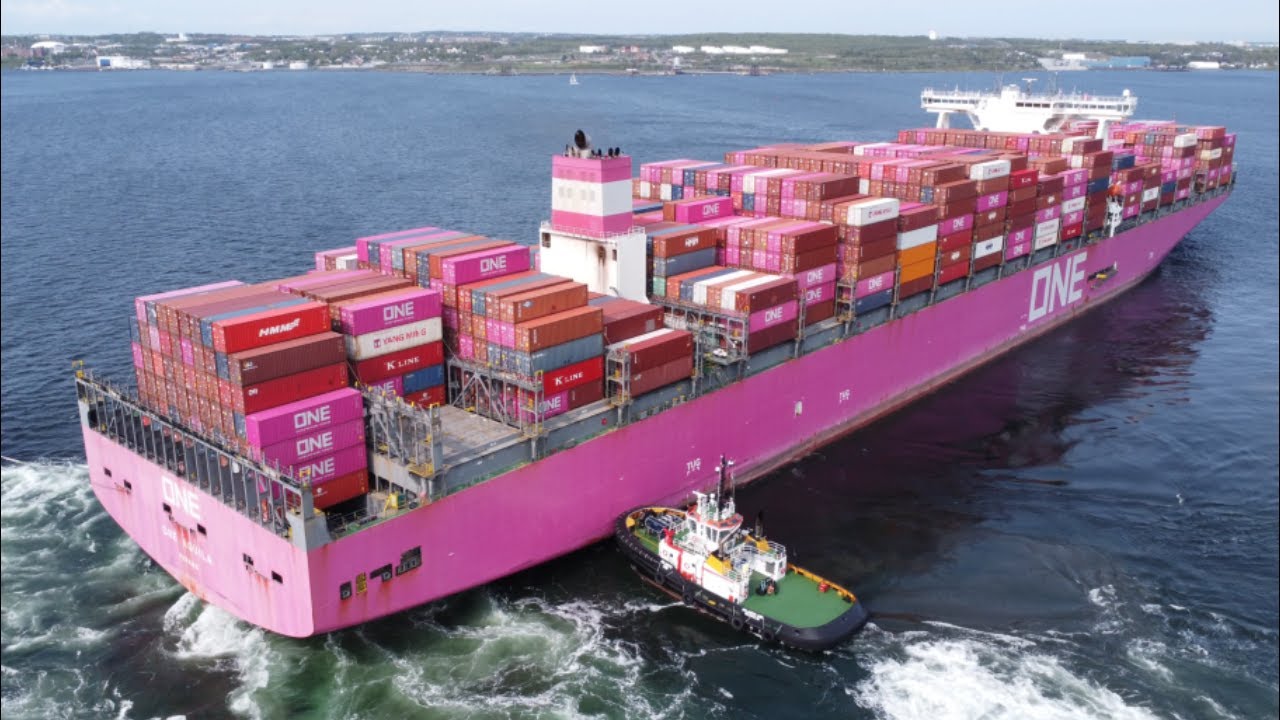 Awesome 4K Aerial Views! Very Large Container Ship ONE AQUILA Inbound ...