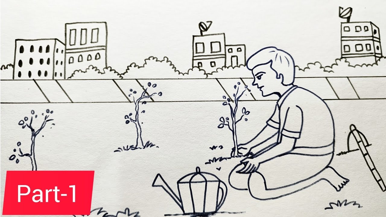 Part-1| Easy tree plantation scenery drawing||how to draw a simple tree ...