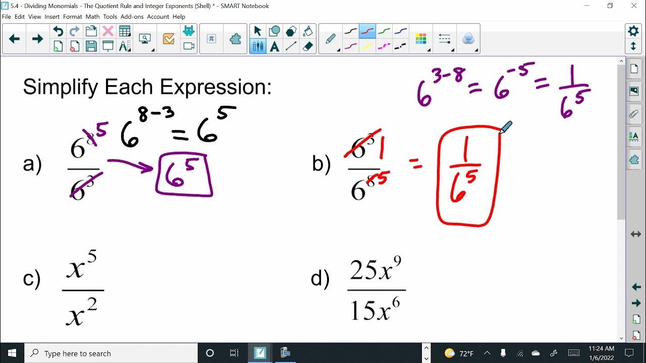 Algebra I and II: Dividing Monomials using the Quotient Rule, Integer ...