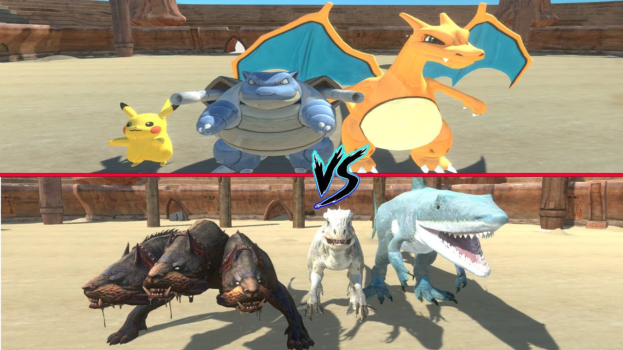 CERBERUS AND KING SHARK AND INDOMINUS REX VS TEAM POKEMON - Animal ...