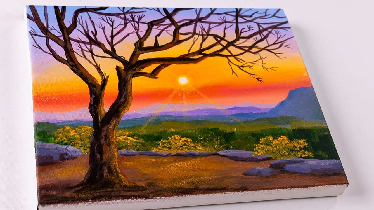 Sunset landscape painting for beginner | Acrylic Painting | Aham Art ...