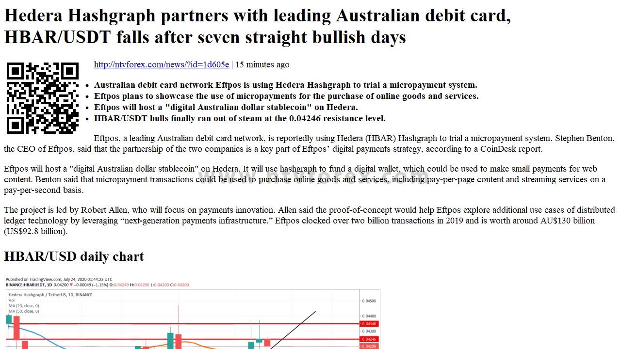 Hedera Hashgraph partners with leading Australian debit card, HBAR USDT ...
