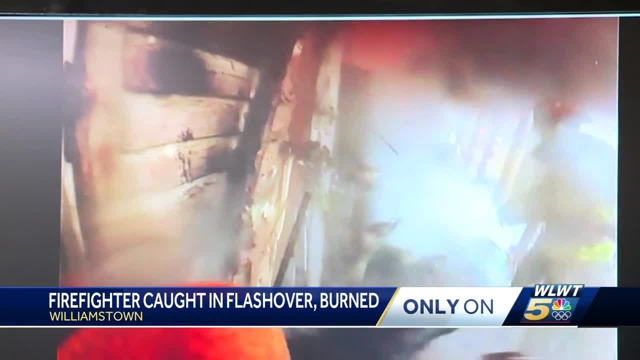 Williamstown volunteer firefighter rolls out of burning house on fire after flashover - YouTube