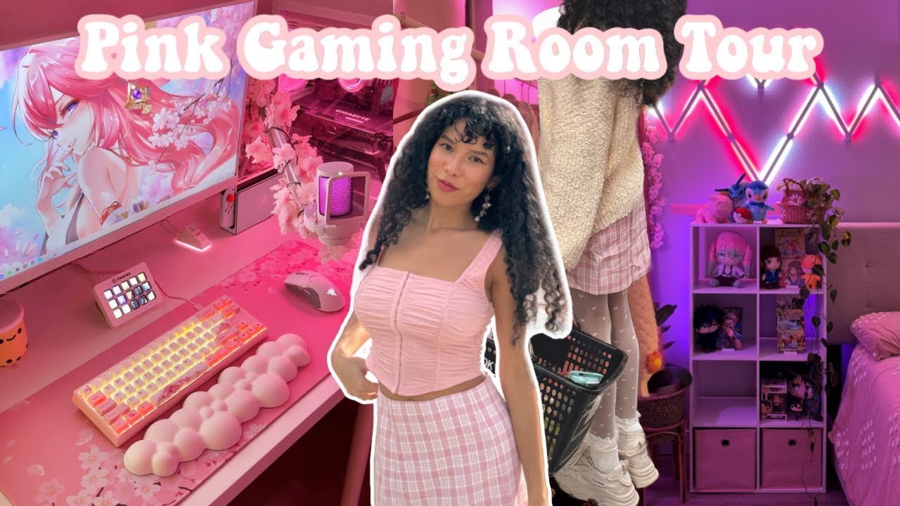 Gamer Girl Room Tour 2024 | pink gaming setup + kawaii desk setup tour ...