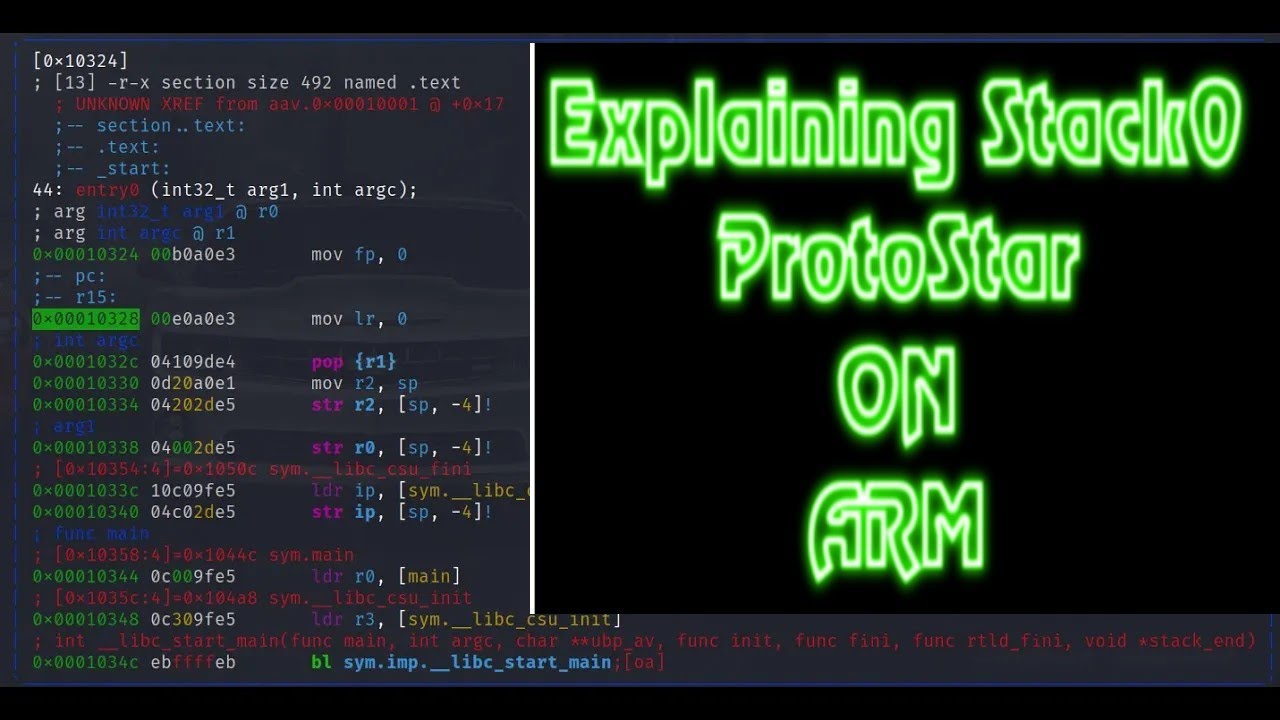 Explaining stack0 from protostart series on ARM (azeria-labs) . - YouTube