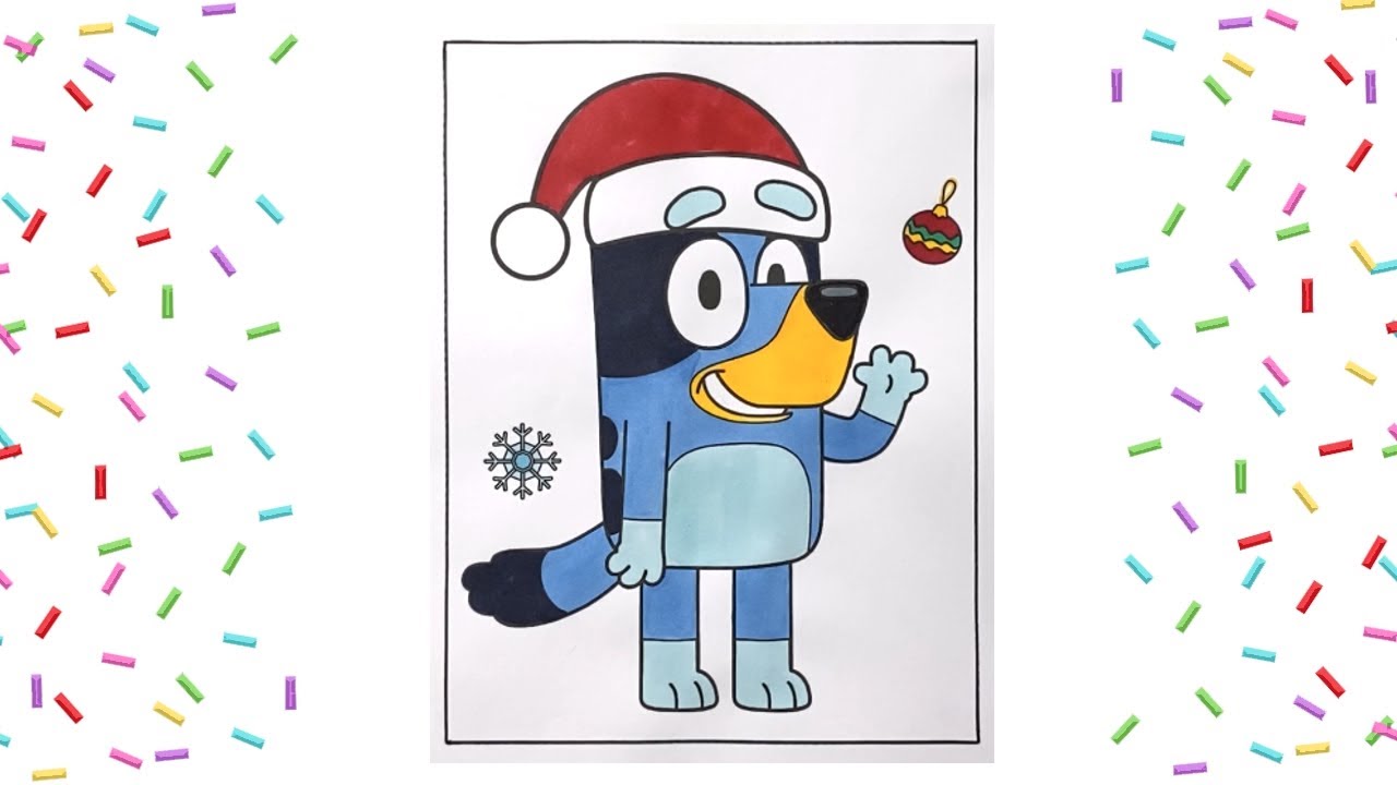 Coloring Bluey Wearing a Santa Hat Waving /Coloring Page with Markers ...