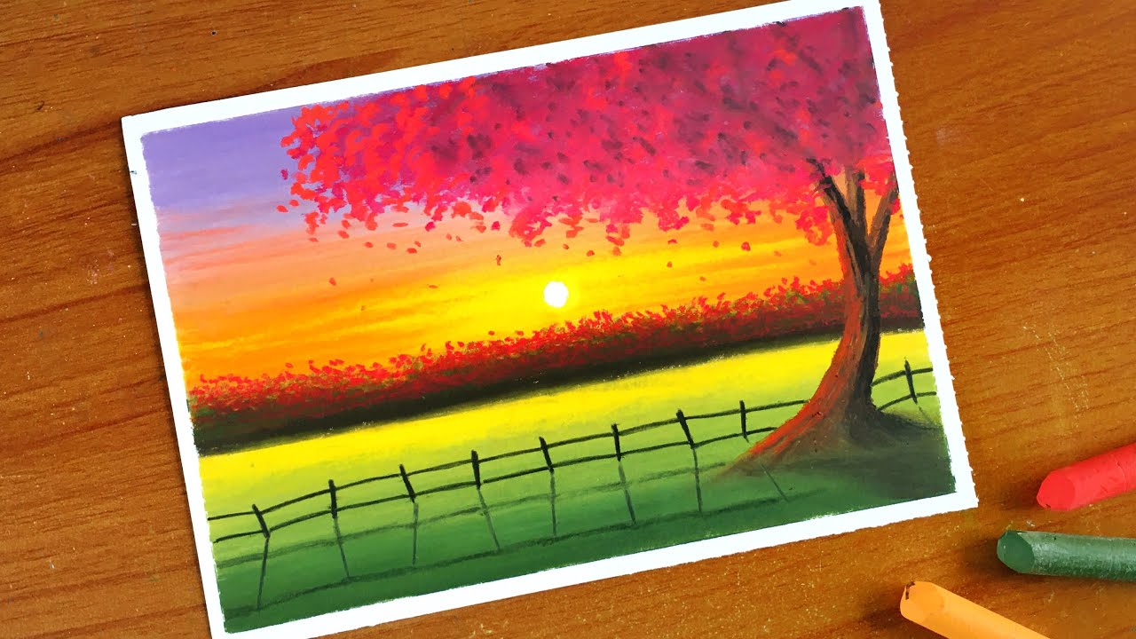 Oil Pastel Countryside Sunset Scenery for beginners | Oil Pastel ...