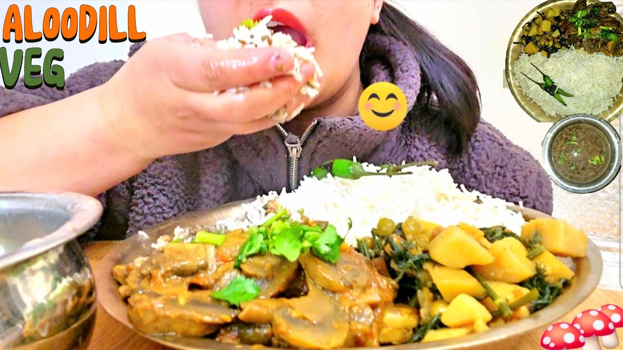 EATING SPICY MUSHROOM GRAVY , ALOO DILL GRAVY, DAAL & RICE #mukbang # ...
