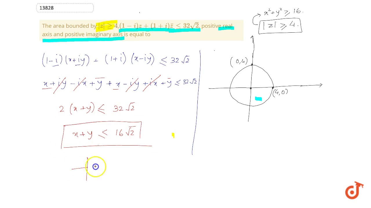 The area bounded by `|z|geq4`,` (1-i)z+(1+i)barzleq32sqrt(2)`, positive ...