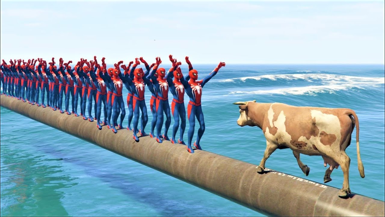 Cow VS Spiderman group - Funny Moment - YouTube