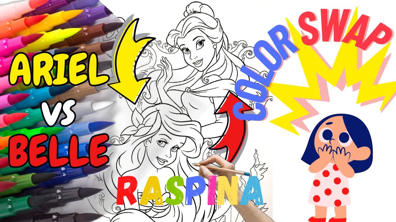 🎨 Disney Princess Color swap coloring: ARIEL vs BELLE 🖌️ - YouTube
