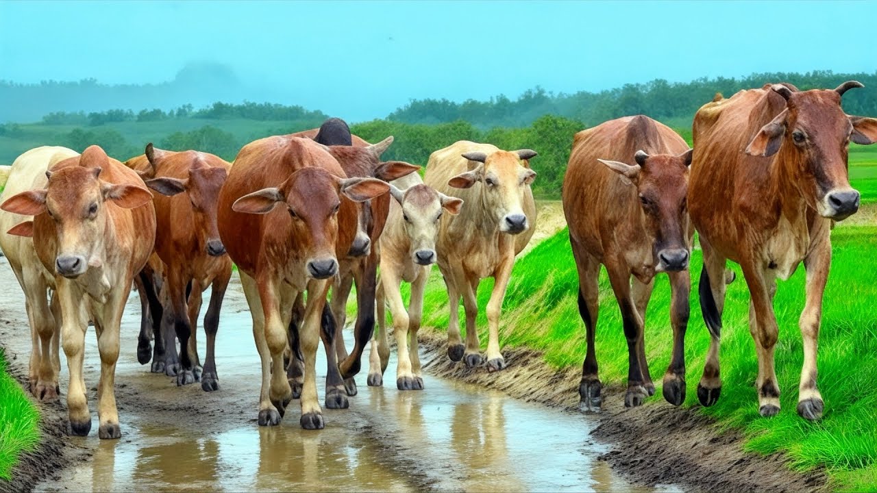 Kawanan Sapi lembu jinak bermain hujan lewati genangan air pulang ke ...