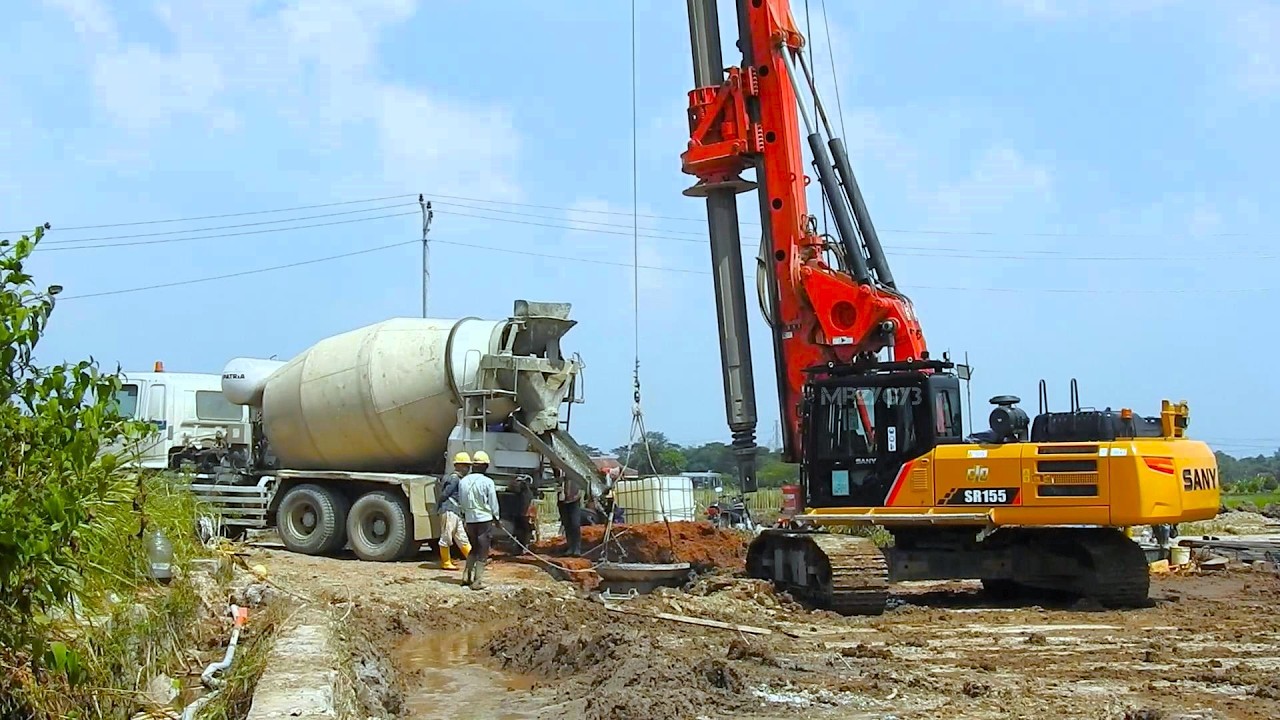 Ready Mix Truck Drilling Rig Pouring Concrete Into The Deep Foundation ...