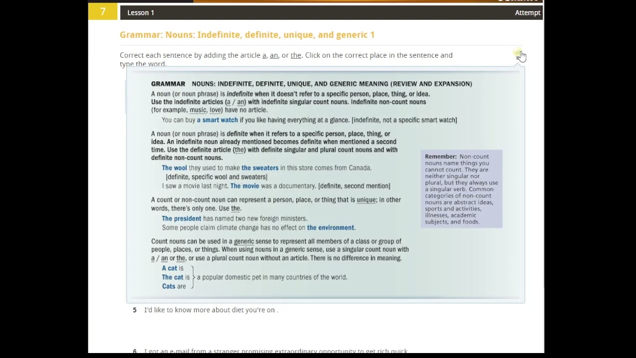 SUMMIT 2 2 UNIT 7 LESSON 1 Grammar Nouns Indefinite, definite, unique ...