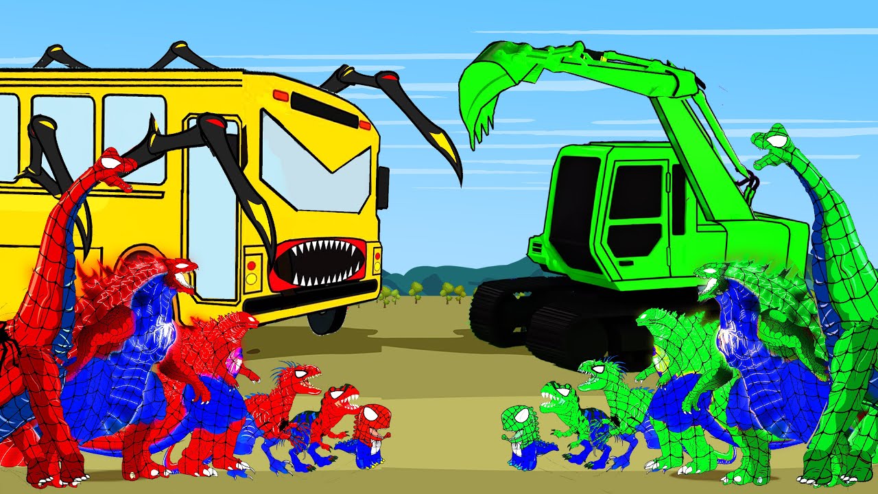 SPIDER BRACHIOSAURUS vs T-REX DINOSAUR, GODZILLA, SHARK, Excavator, Car ...